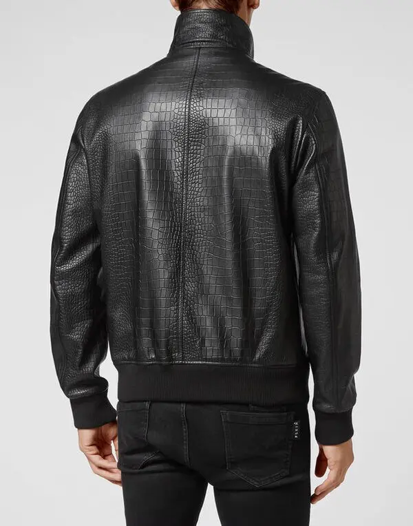 Philipp Plein Crocodile-effect Leather Bomber Jacket - Black
