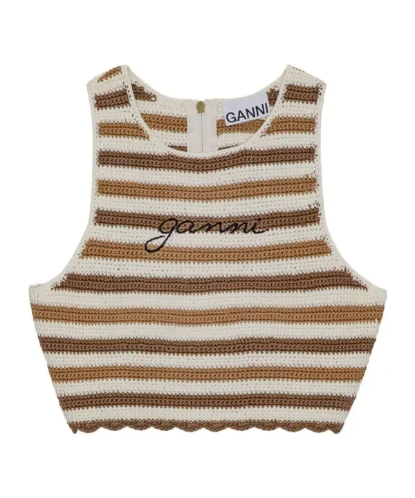 GANNI Crochet Racerback Top With Zipper - White