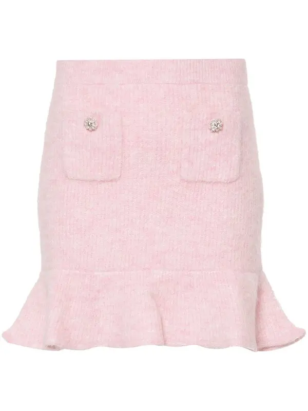 SELF-PORTRAIT Knitted Mini Skirt With Diamond Buttons - Pink