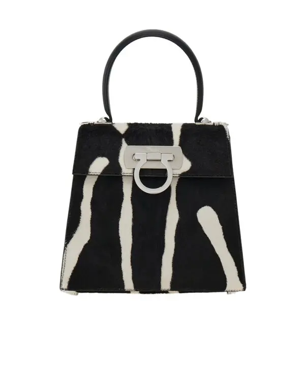 FERRAGAMO Zebra Print Ponyskin Iconic Top Handle Bag - White/black