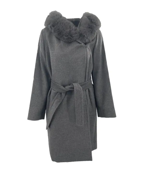 Max Mara Long Sleeved Hooded Coat With Fur Trim And Belt - Black
