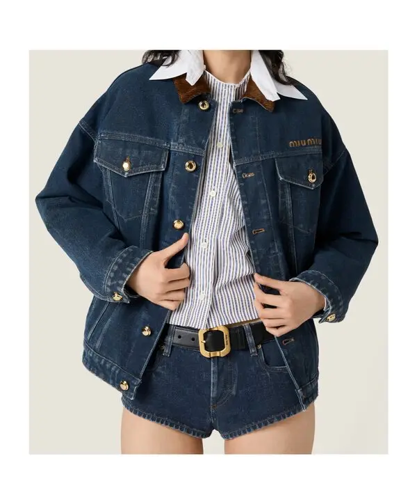 Miu Miu Flocked Denim And Velvet Blouson Jacket - Navy Blue