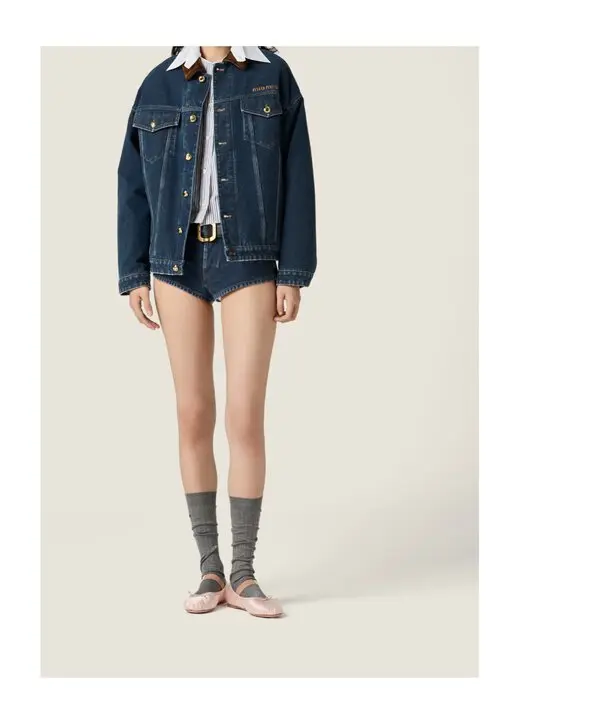 Miu Miu Flocked Denim And Velvet Blouson Jacket - Navy Blue
