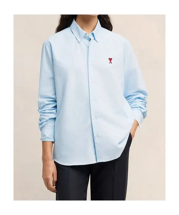 Ami Embroidered Button-down Shirt - Sky-blue