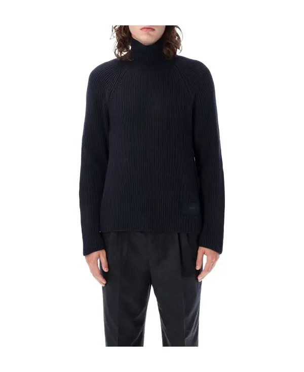 AMI Paris High Neck Ribbed Long Sleeve Jumper - Black