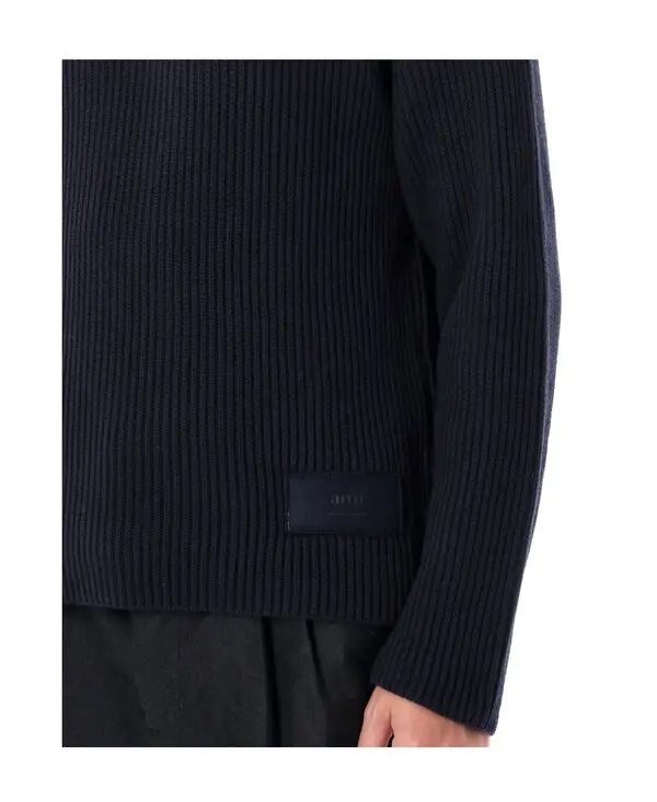 AMI Paris High Neck Ribbed Long Sleeve Jumper - Black