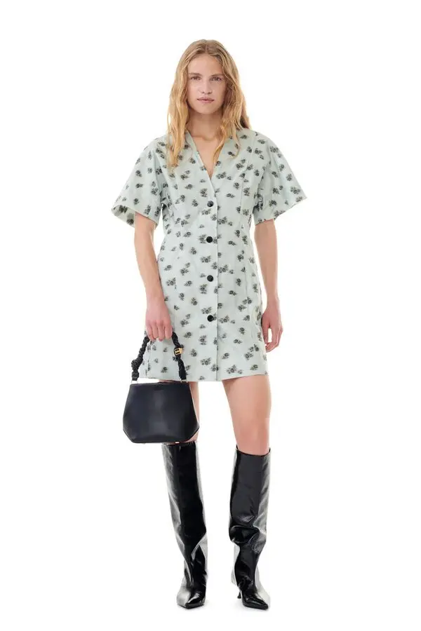 GANNI Floral Printed V-neck Mini Dress