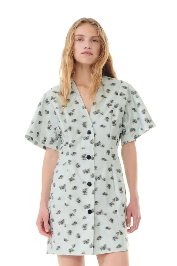 GANNI Floral Printed V-neck Mini Dress