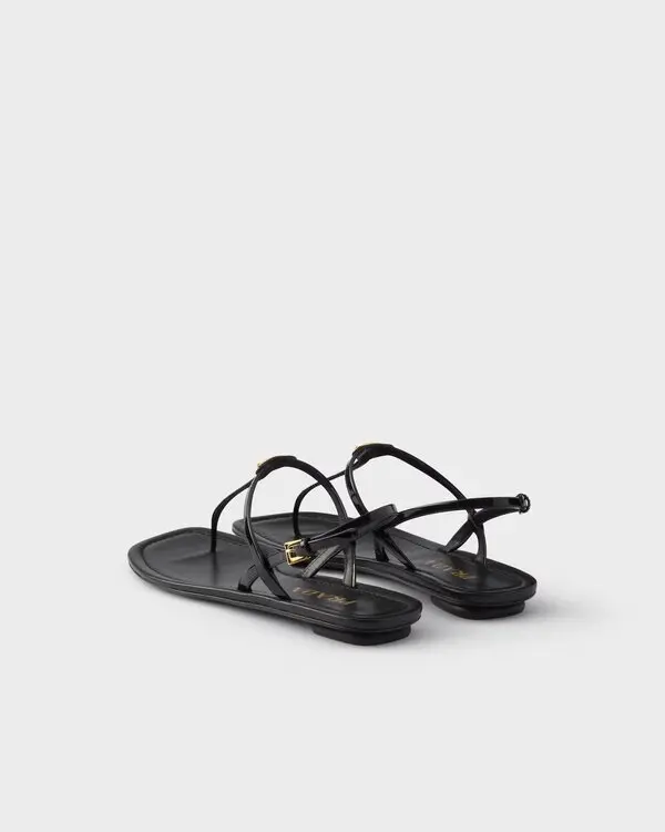 Prada Patent Leather Thong Sandals With Metal Buckle And Enamel Triangle Logo - Black