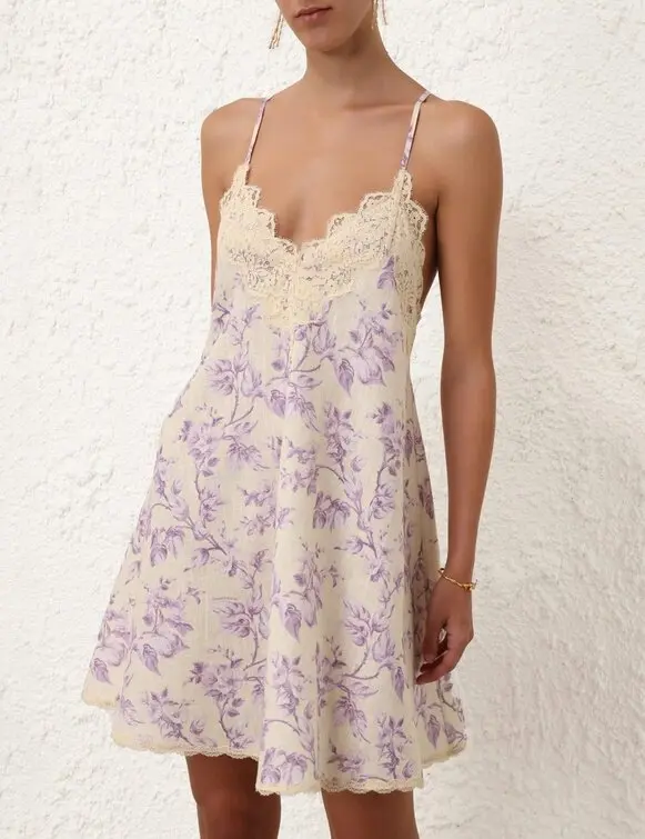 Zimmermann Floral Lace Trimmed V-neck Mini Slip Dress