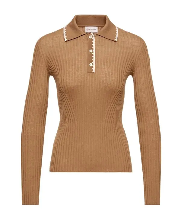 Moncler Wool Long Sleeve Polo Shirt With Embroidered Trim - Beige