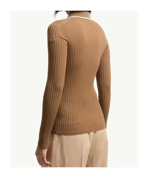 Moncler Wool Long Sleeve Polo Shirt With Embroidered Trim
