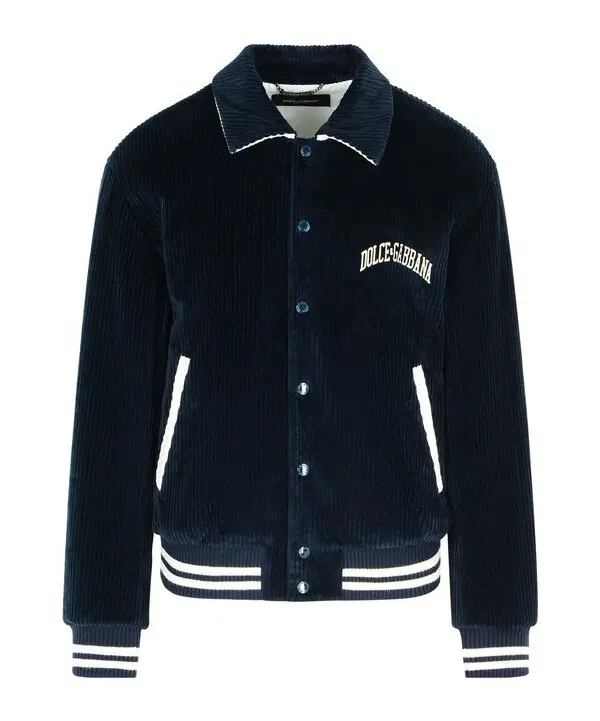 Dolce & Gabbana Logo Detailed Corduroy Bomber Jacket - Black