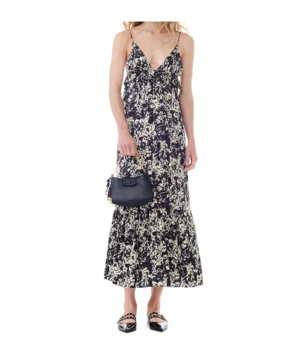 GANNI Floral Print Spaghetti Strap Maxi Dress