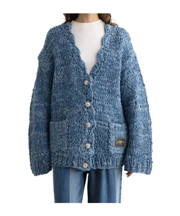 GANNI Hand-knit Denim Cardigan With V-neck