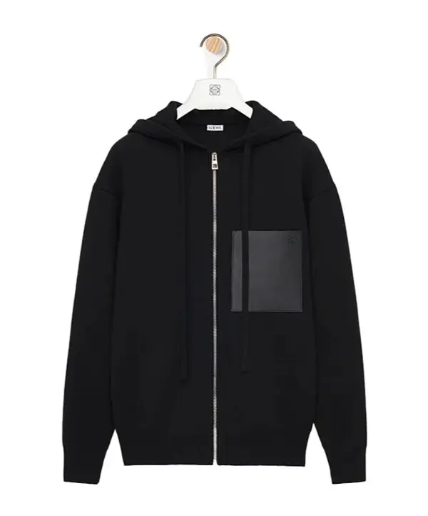 Loewe Wool Zip-up Hoodie With Leather Pocket - Black