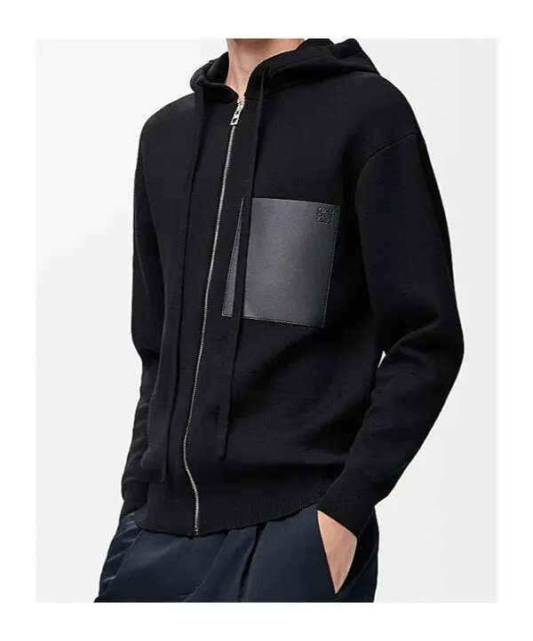 Loewe Wool Zip-up Hoodie With Leather Pocket - Black