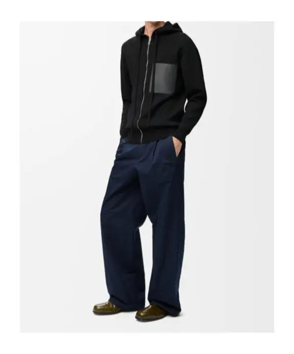 Loewe Wool Zip-up Hoodie With Leather Pocket - Black