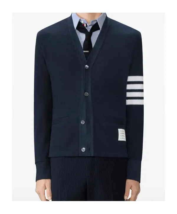 Thom Browne 4-bar Honeycomb Knit V-neck Cardigan