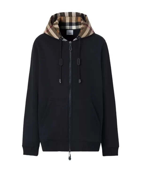 Burberry Zip-up Drawstring Hoodie With Plaid Interior - Black