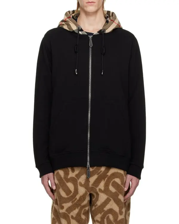 Burberry Zip-up Drawstring Hoodie With Plaid Interior - Black