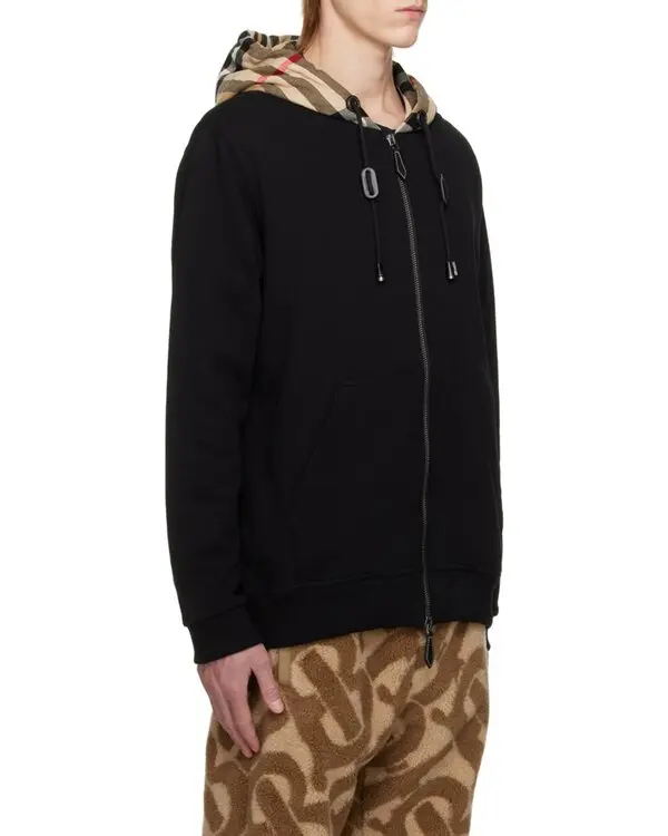 Burberry Zip-up Drawstring Hoodie With Plaid Interior - Black