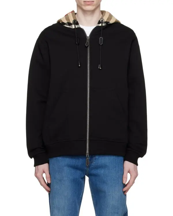 Burberry Zip-up Drawstring Hoodie With Plaid Interior - Black