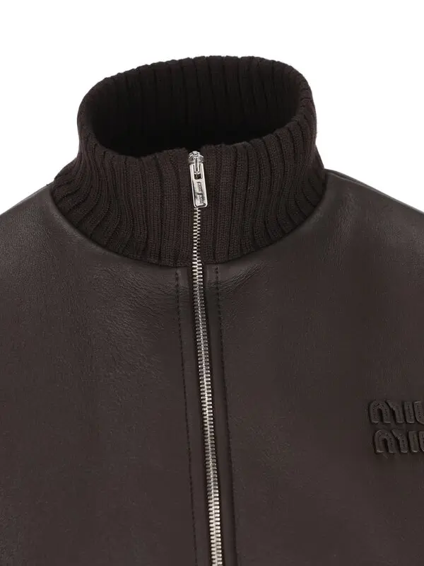 Miu Miu Leather Bomber Jacket With Ribbed Accents