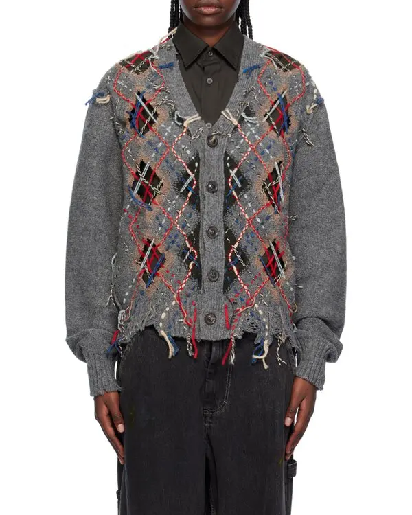 MAISON MARGIELA V-neck Argyle Knit Cardigan - Gray