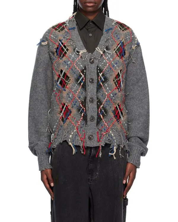 MAISON MARGIELA V-neck Argyle Knit Cardigan - Gray