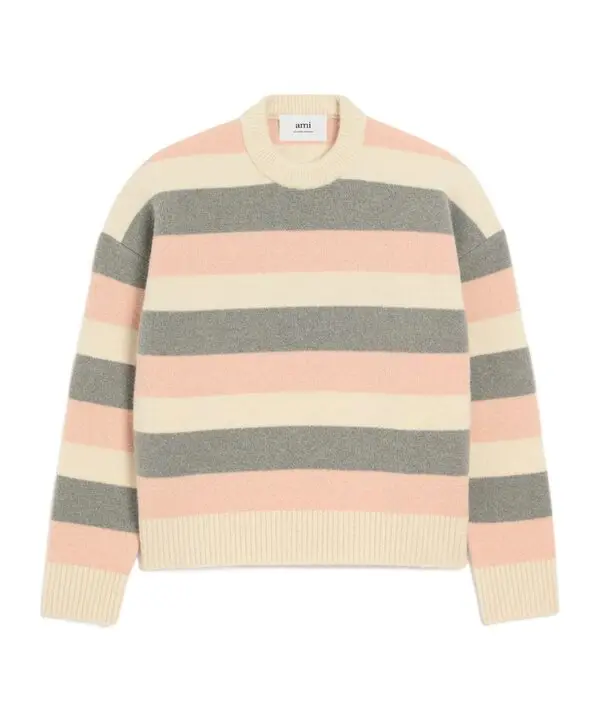 Ami Striped Crewneck Sweater - Gray/pink/off-white