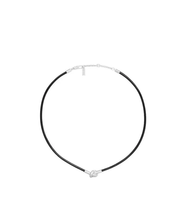 Celine Knot Necklace In Calfskin And Brass With Rhodium Finish - Black/silver