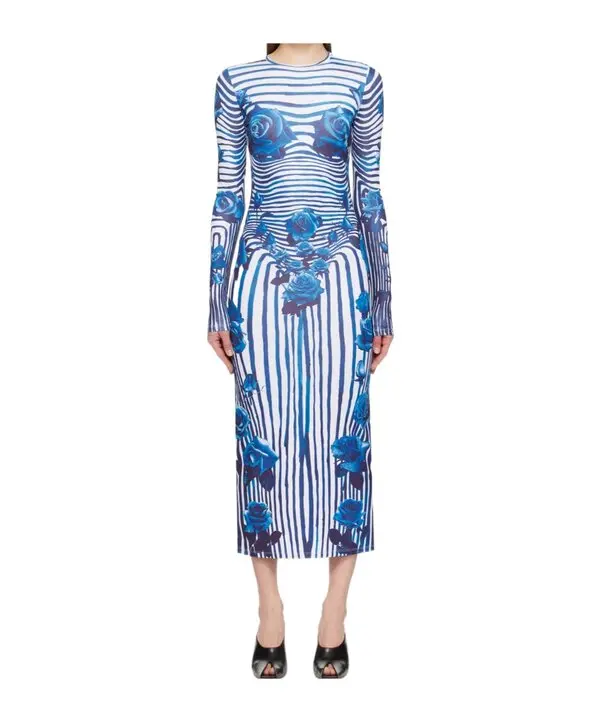 JEAN PAUL GAULTIER Floral Print Long Sleeve Midi Dress - Blue