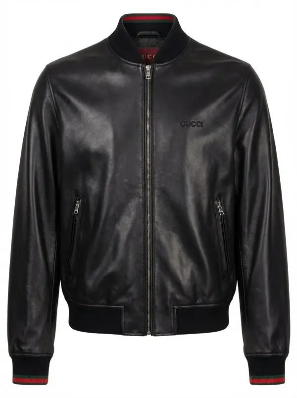 Gucci Leather Zip-up Jacket With Embroidered Logo - Black