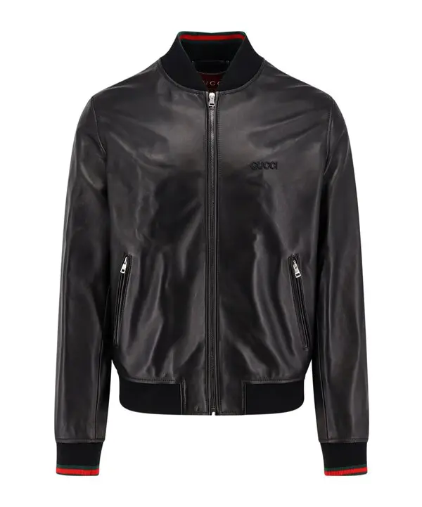 Gucci Leather Zip-up Jacket With Embroidered Logo