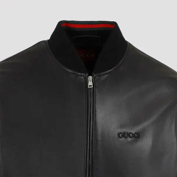 Gucci Leather Zip-up Jacket With Embroidered Logo