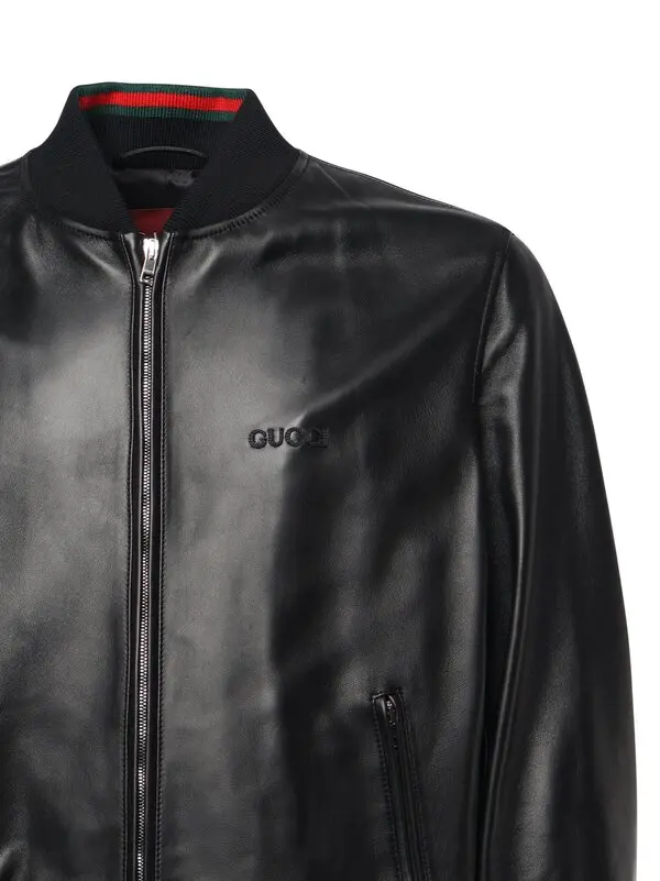 Gucci Leather Zip-up Jacket With Embroidered Logo