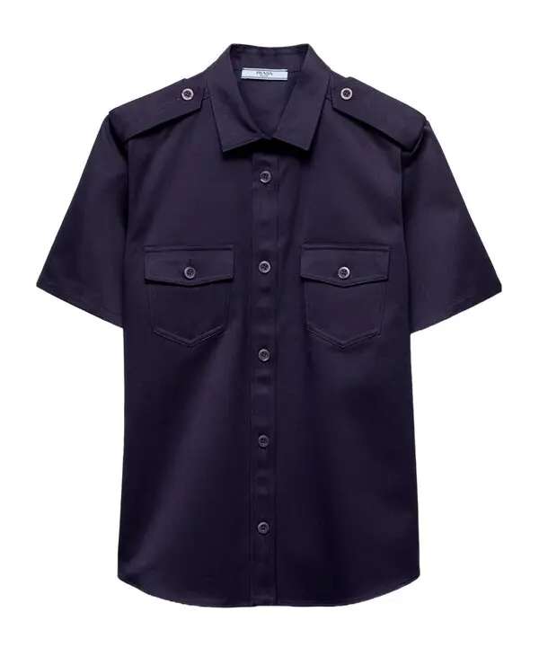 Prada Short-sleeved Buttoned Shirt With Classic Collar - Navy Blue