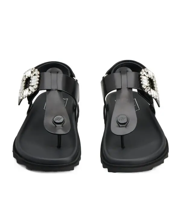 ROGER VIVIER Leather Thong Sandals With Crystal Buckle - Black