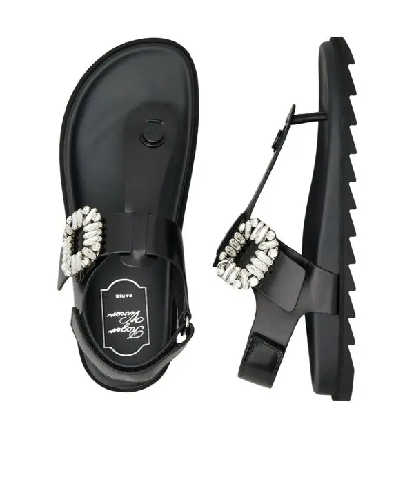ROGER VIVIER Leather Thong Sandals With Crystal Buckle - Black