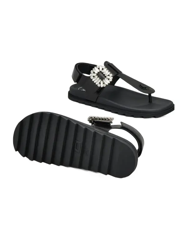 ROGER VIVIER Leather Thong Sandals With Crystal Buckle - Black