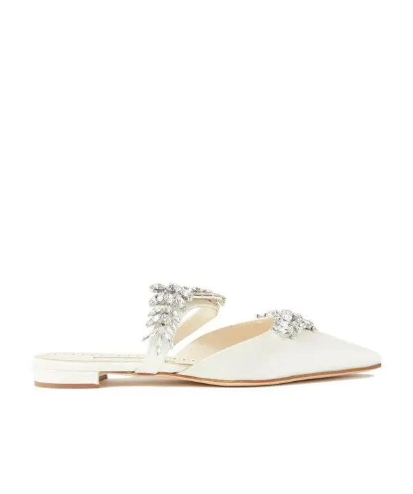 Manolo Blahnik Satin Crystal Decorated Muller Shoes - White
