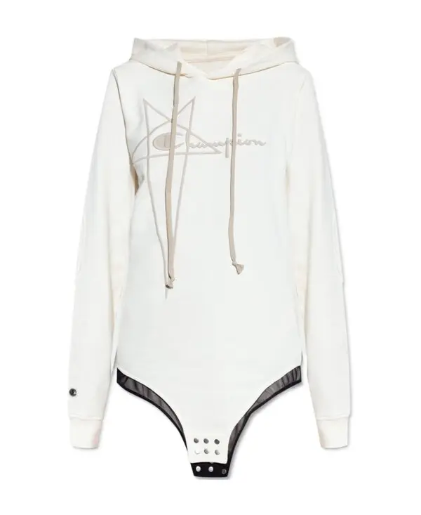 Rick Owens Embroidered Logo Drawstring Hooded Bodysuit - White