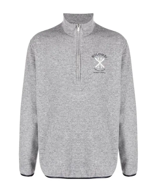 Brunello Cucinelli Zip Neck Jumper With Embroidered Logo - Gray