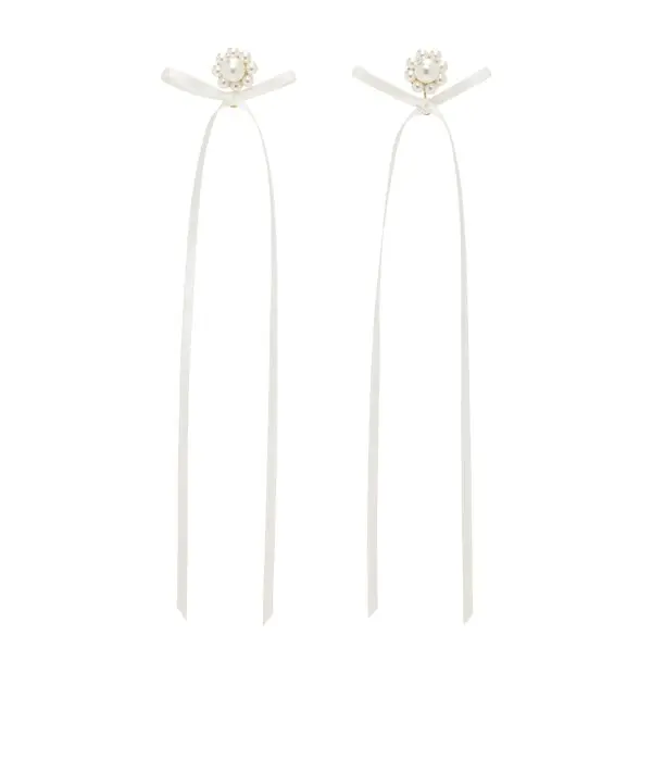 Simone Rocha Bow Ribbon Pearl Drop Earrings - White