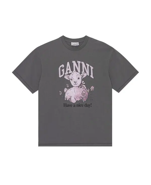 GANNI Logo Printed Crewneck T-shirt - Gray