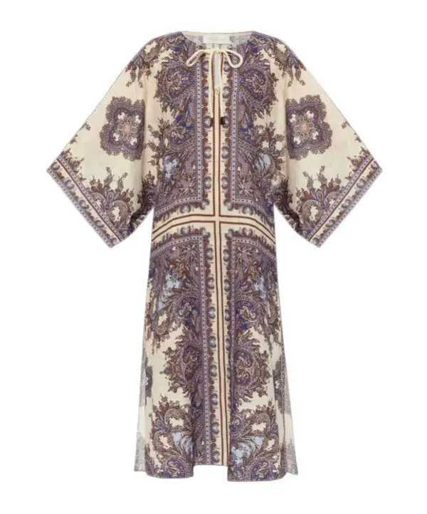 Zimmermann Ottie Kaftan Midi Dress With Paisley Print And Side Slits - Gray