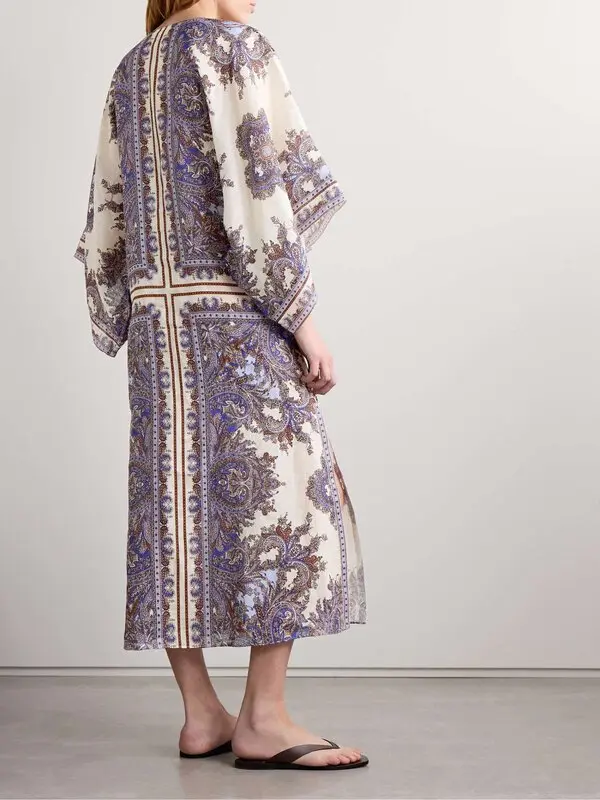 Zimmermann Ottie Kaftan Midi Dress With Paisley Print And Side Slits