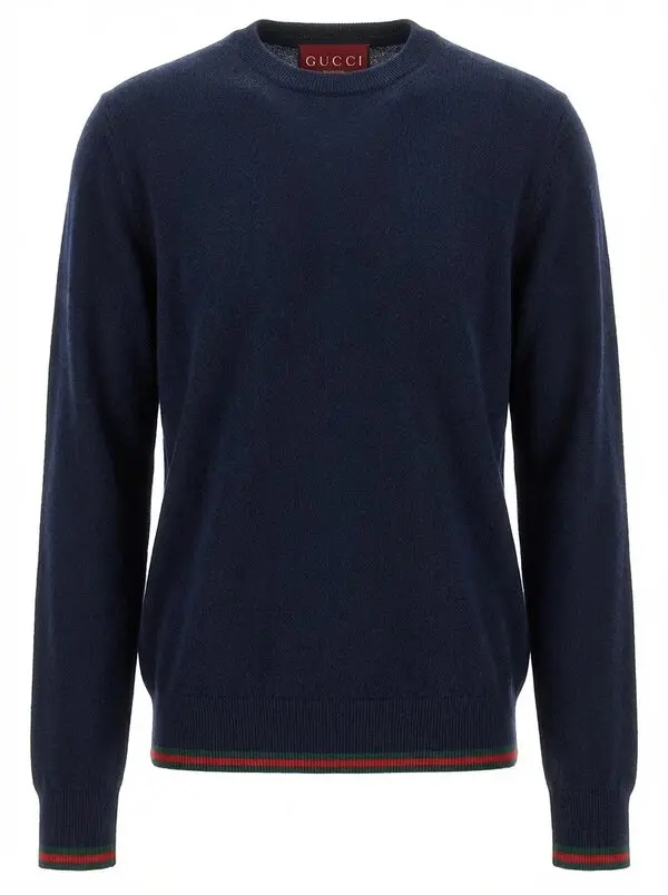 Gucci Crewneck Knit Sweater With Ribbed Trim - Dark Blue