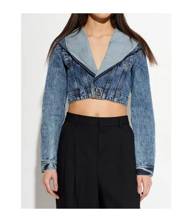 Alaïa Cropped Hooded Denim Jacket - Blue